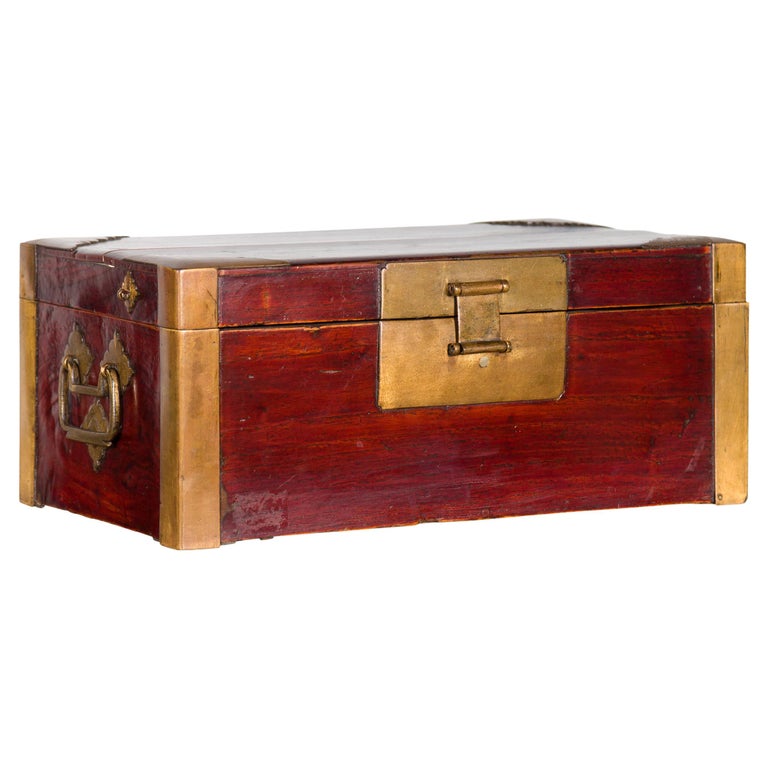 Chinese Vintage Red Lacquer Document Box with Cutout Brass Details at ...