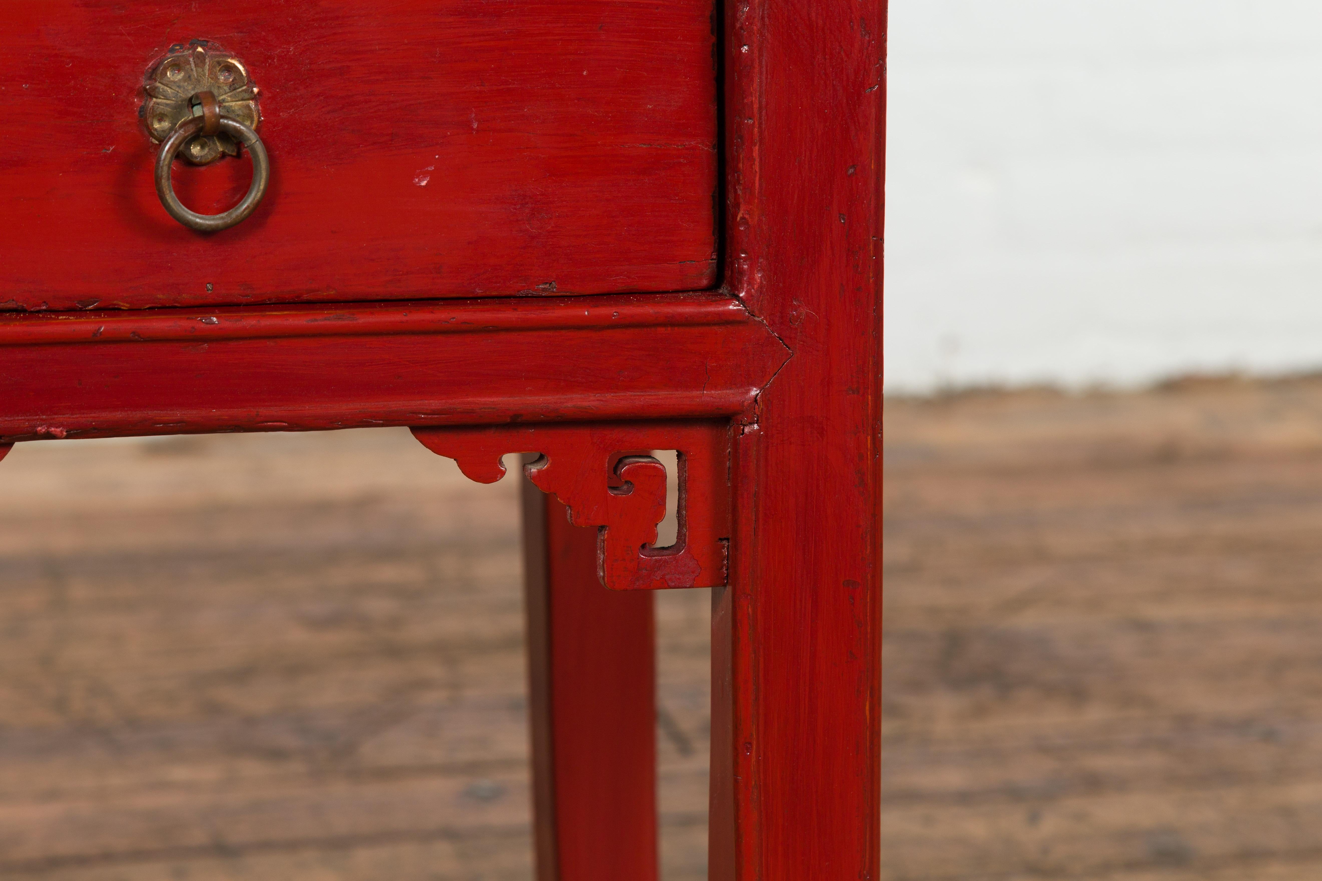 Chinese Vintage Red Lacquer Side Table with Single Drawer and Carved ...