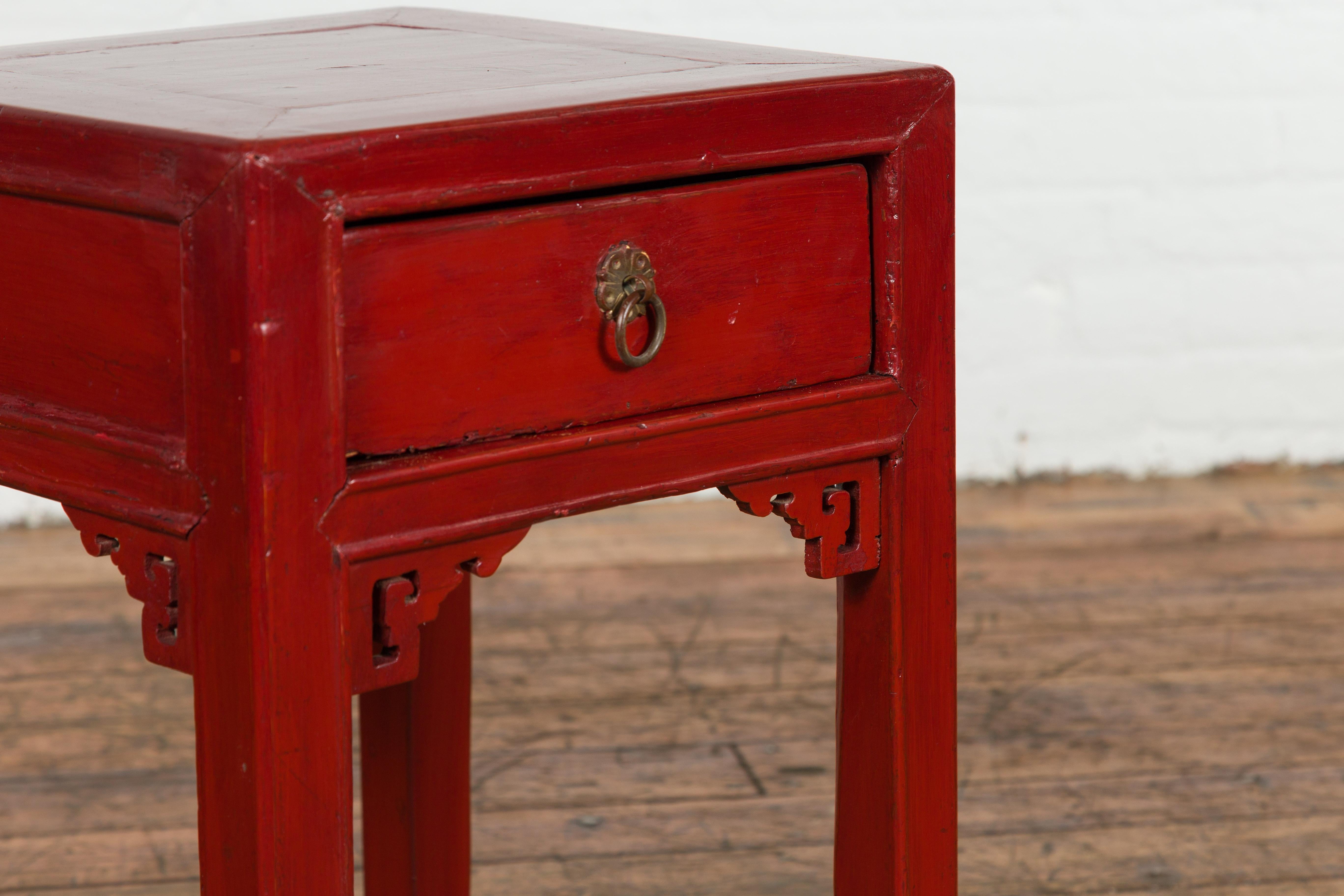 Chinese Vintage Red Lacquer Side Table with Single Drawer and Carved ...