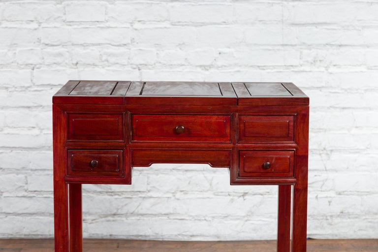 Chinese Vintage Red Lacquer Wood Three-Drawer Vanity Table with Folding ...