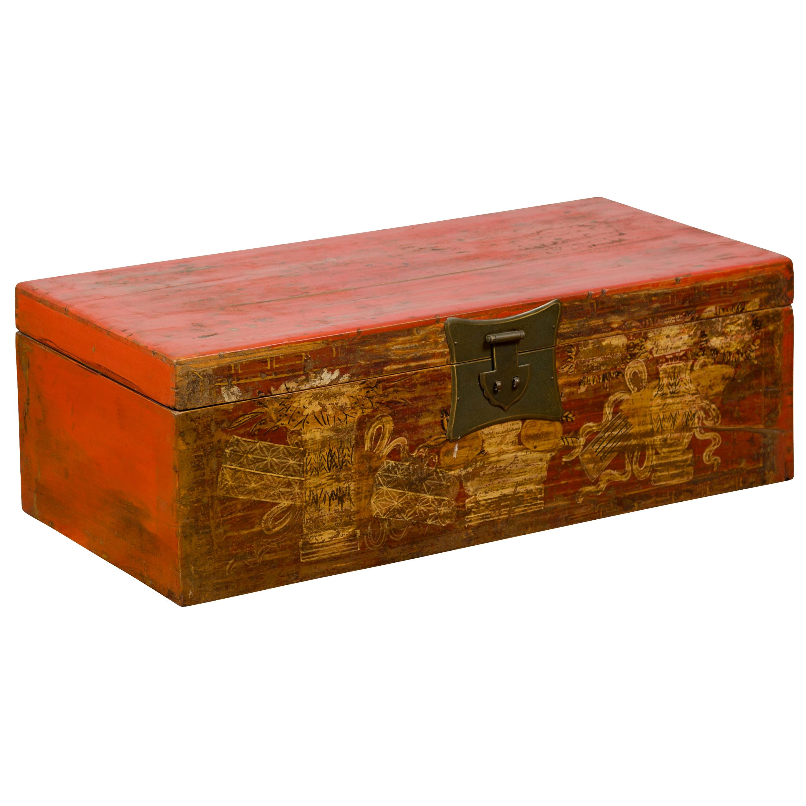 Chinese Vintage Red Lacquered Box with Golden Motifs and Bronze ...