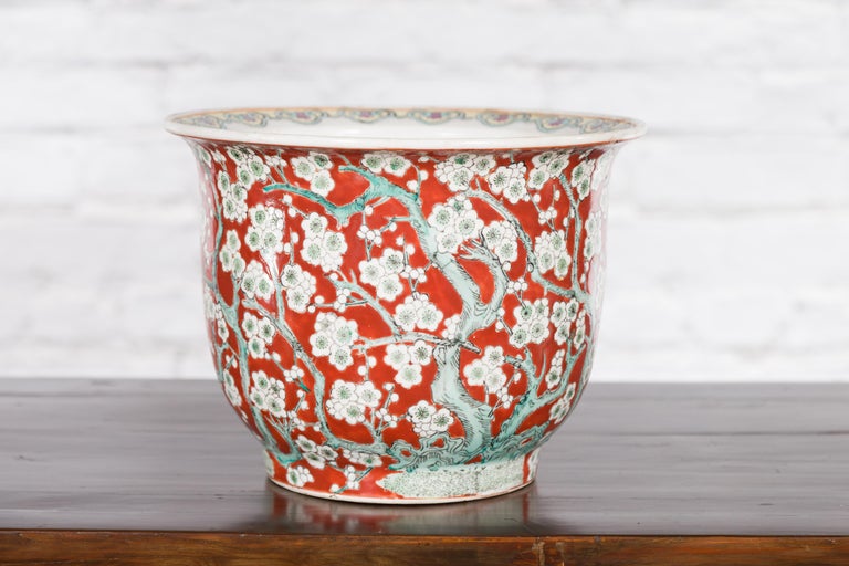 Chinese Vintage Round Porcelain Planter with Red Ground and Blooming ...