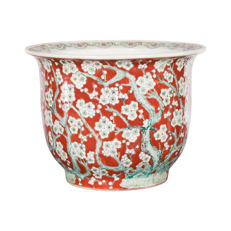 Chinese Vintage Round Porcelain Planter with Red Ground and Blooming ...