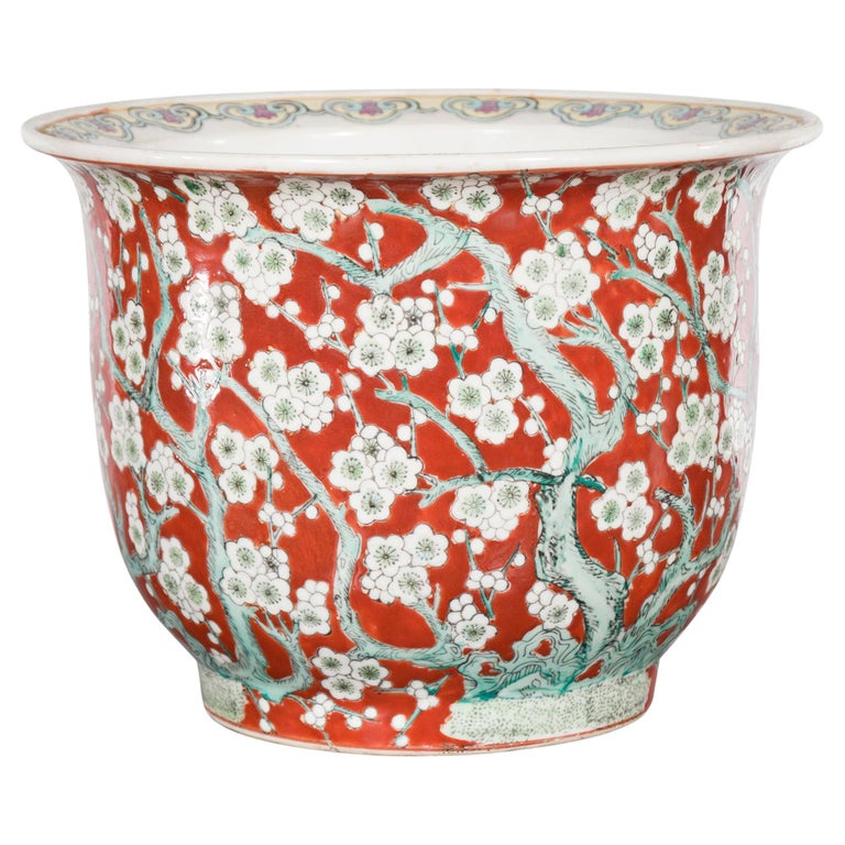 Chinese Vintage Round Porcelain Planter with Red Ground and Blooming ...