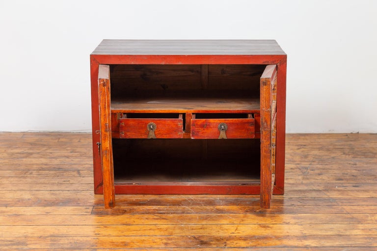 Chinese Vintage Small Red Lacquered Cabinet with Carved and Hand ...