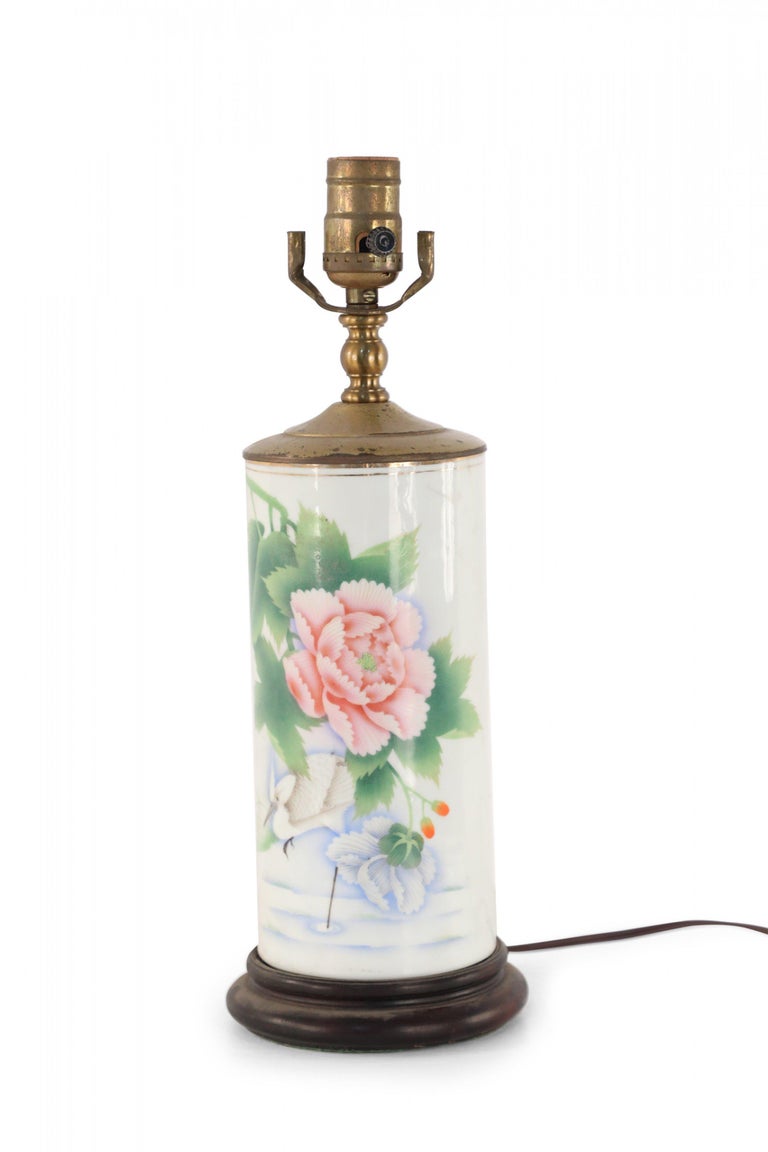 Chinese White and Floral Column Porcelain Table Lamp For Sale at 1stDibs