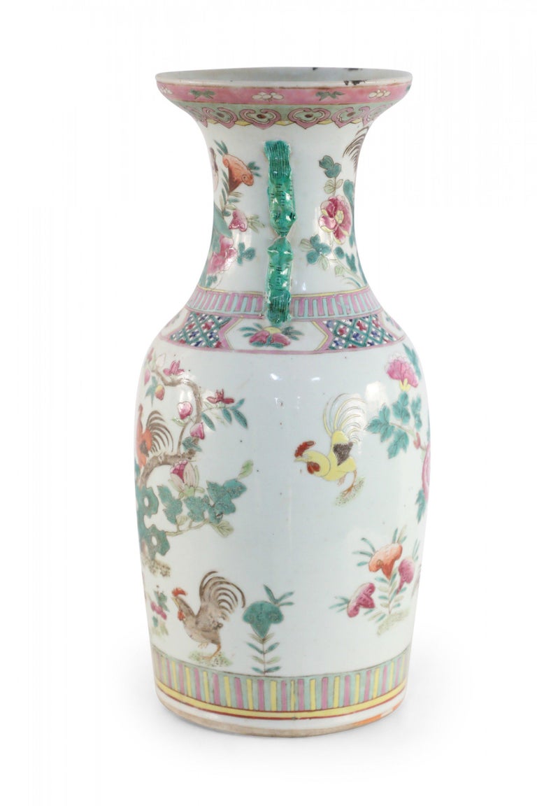 Chinese White, Green, and Pink Floral and Rooster Design Porcelain Urn ...