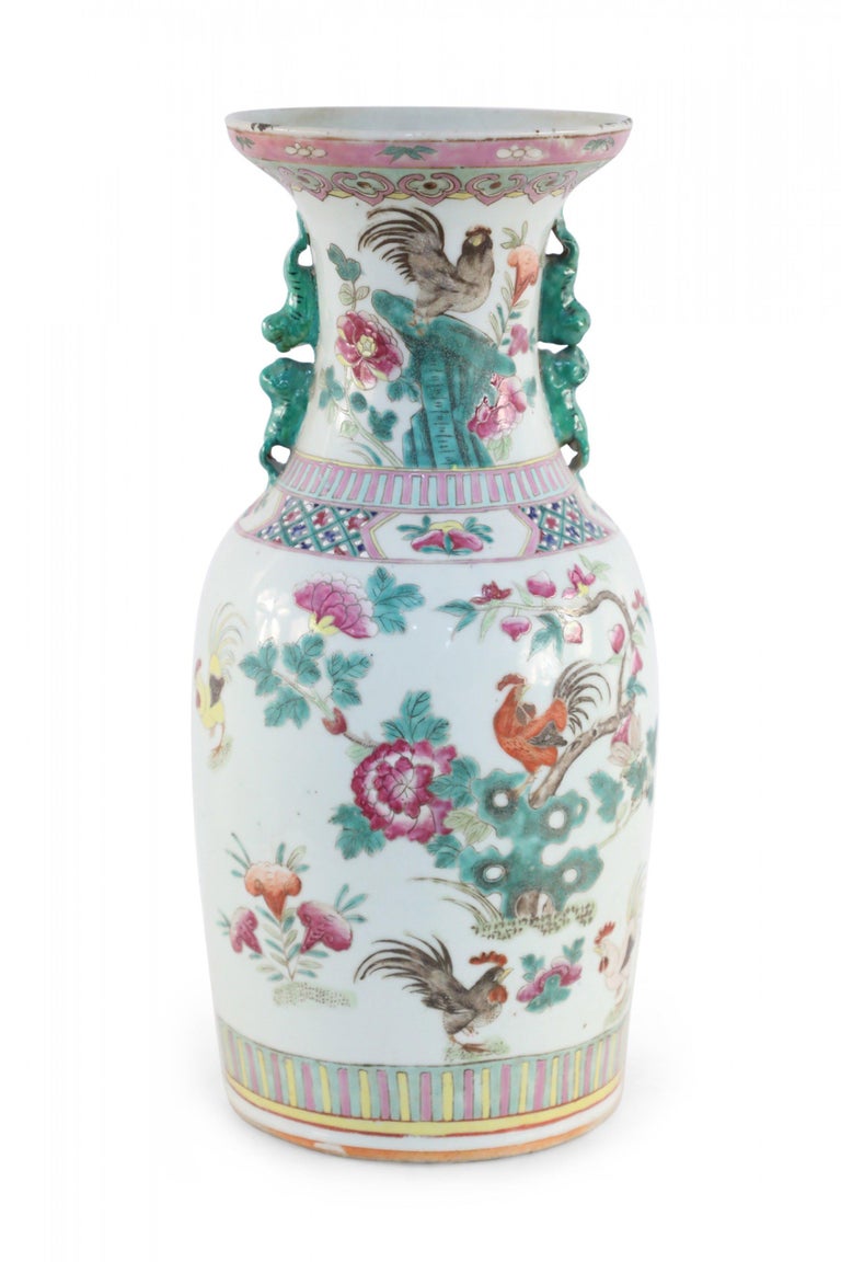 Chinese White, Green, and Pink Floral and Rooster Design Porcelain Urn ...