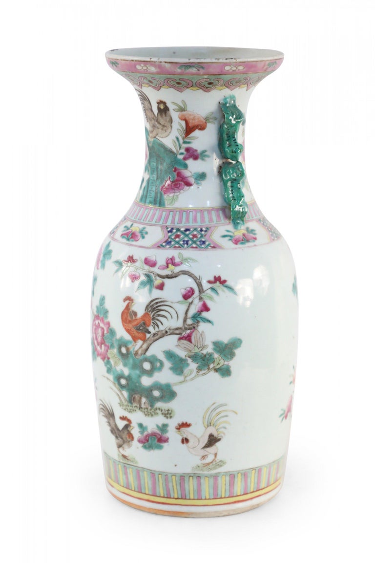 Chinese White, Green, and Pink Floral and Rooster Design Porcelain Urn ...