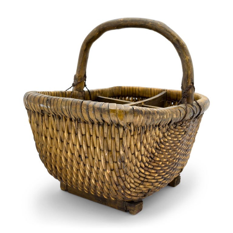 Chinese Woven Market Basket with Divider, circa 1850 For Sale at 1stDibs