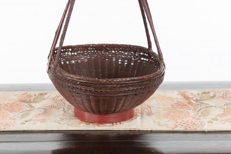 Chinese Woven Rattan Red and Brown Market Basket with Large Tripartite ...