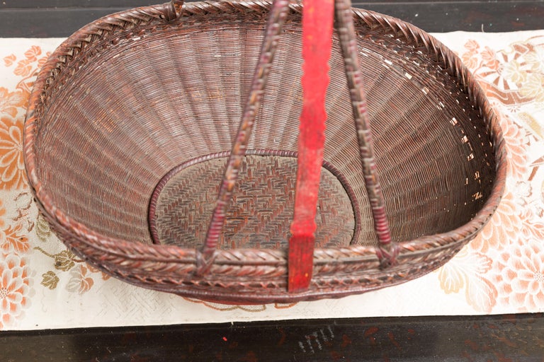 Chinese Woven Rattan Red and Brown Market Basket with Large Tripartite ...