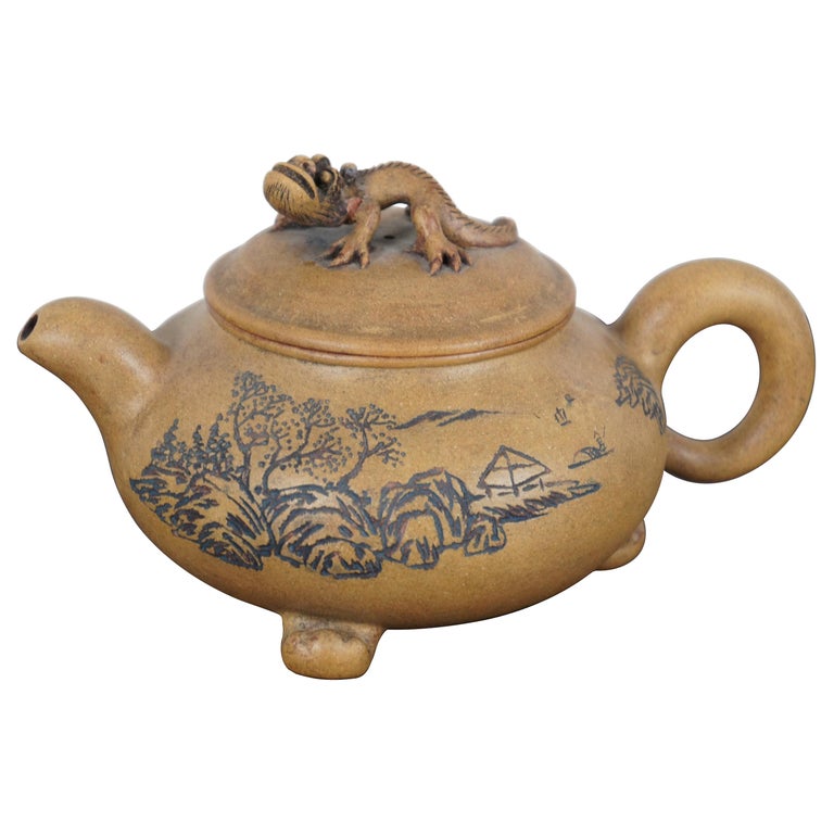 Chinese Yixing Zisha Marked Clay Teapot Gecko Lizard Landscape Footed ...