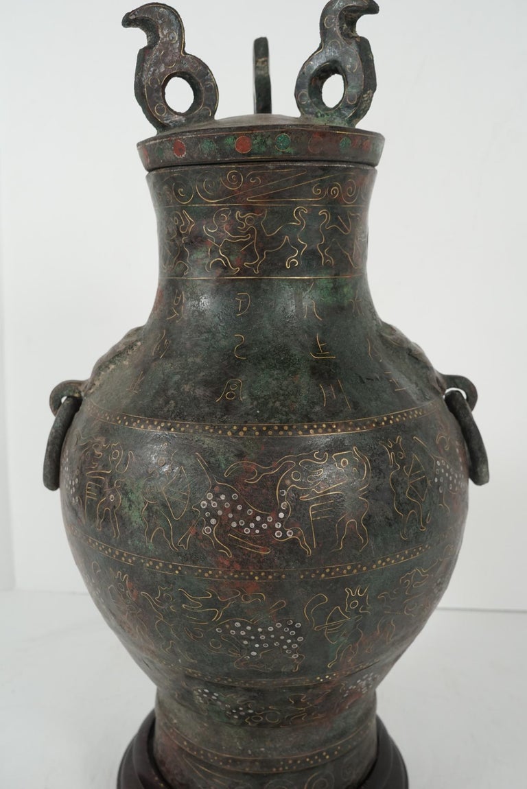 Chinese Zhou Dynasty Style Bronze Hue Inlaid with Gold and Silver Wire ...