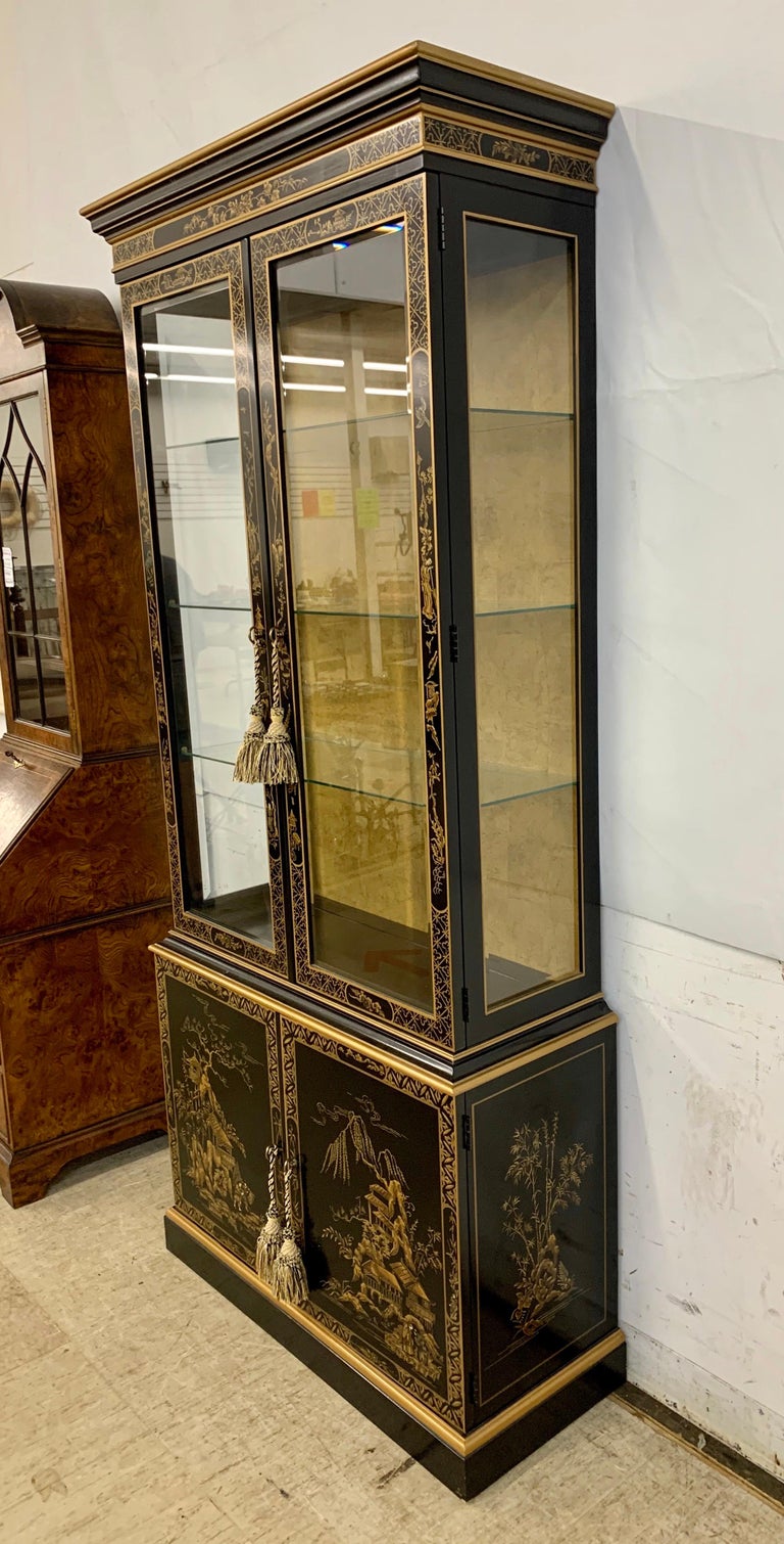 Chinoiserie Black Lacquer and Gold Lighted Display Cabinet at 1stDibs ...