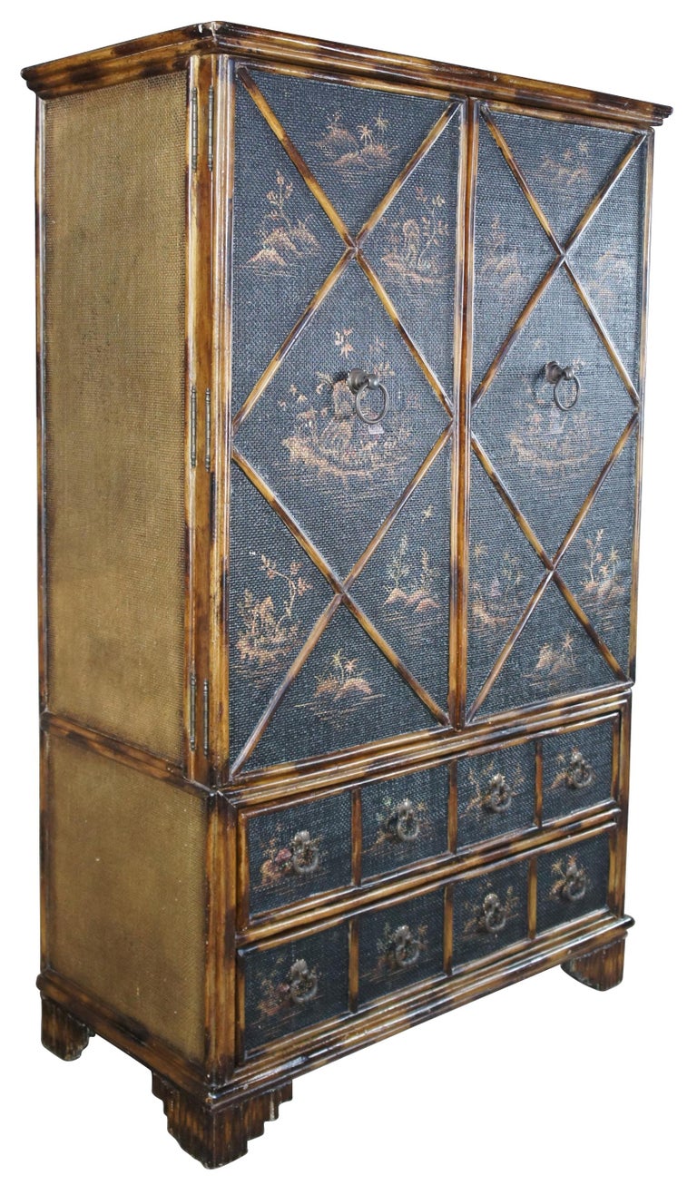 Chinoiserie Burnt Scorched Faux Bamboo Oriental Armoire Wardrobe Media ...