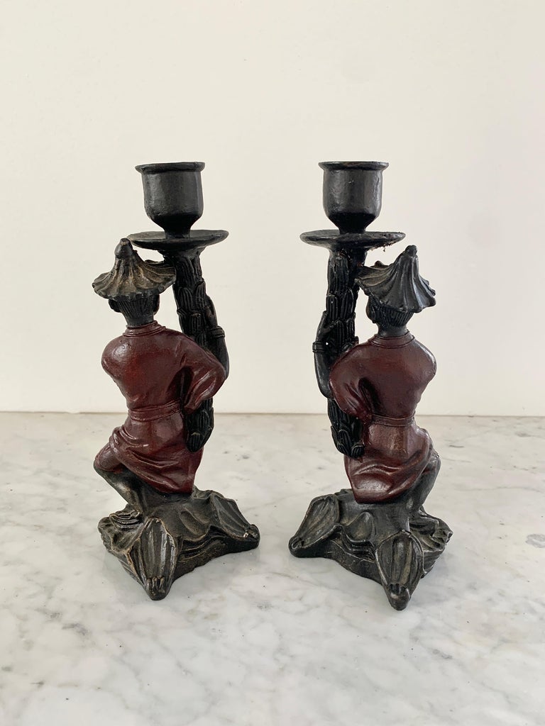 Chinoiserie Cast Iron Figurative Candle Holders, Pair For Sale at 1stDibs