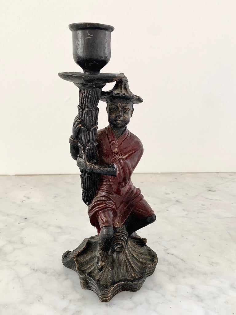 Chinoiserie Cast Iron Figurative Candle Holders, Pair For Sale at 1stDibs