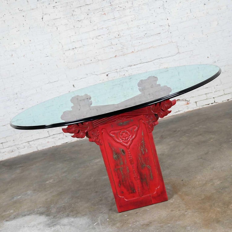 Chinoiserie Dining Table Distressed Red Asian Pedestal Base and Round ...