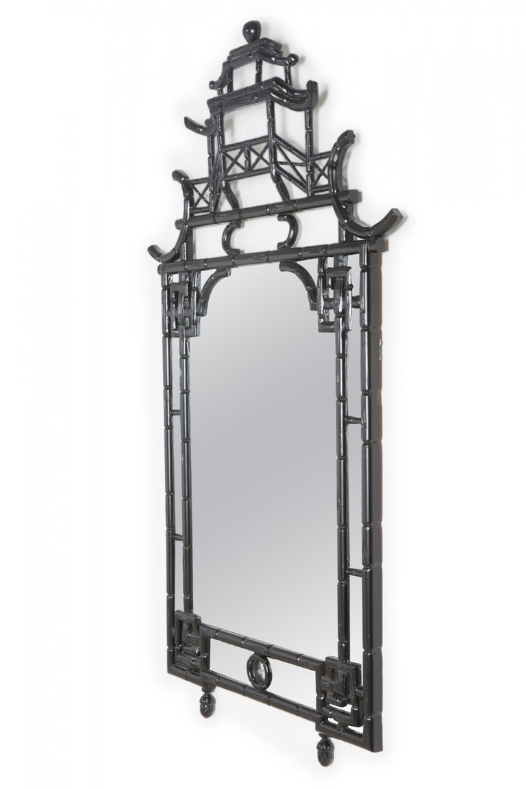 Chinoiserie Ebonized Pagoda Pediment Wall Mirror For Sale at 1stDibs