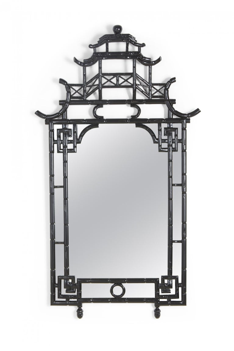 Chinoiserie Ebonized Pagoda Pediment Wall Mirror For Sale at 1stDibs