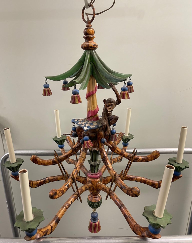 Chinoiserie Faux Bamboo Monkey Chandelier For Sale at 1stDibs