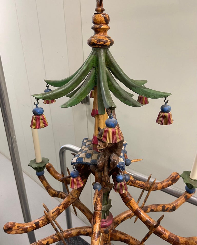 Chinoiserie Faux Bamboo Monkey Chandelier For Sale at 1stDibs