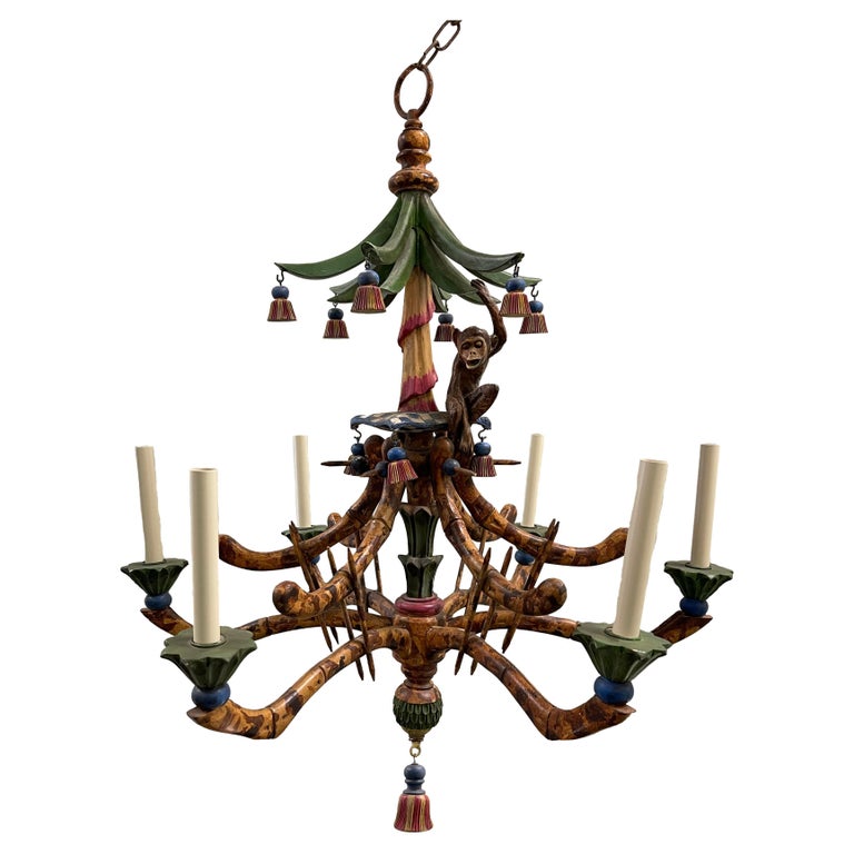 Chinoiserie Faux Bamboo Monkey Chandelier For Sale at 1stDibs
