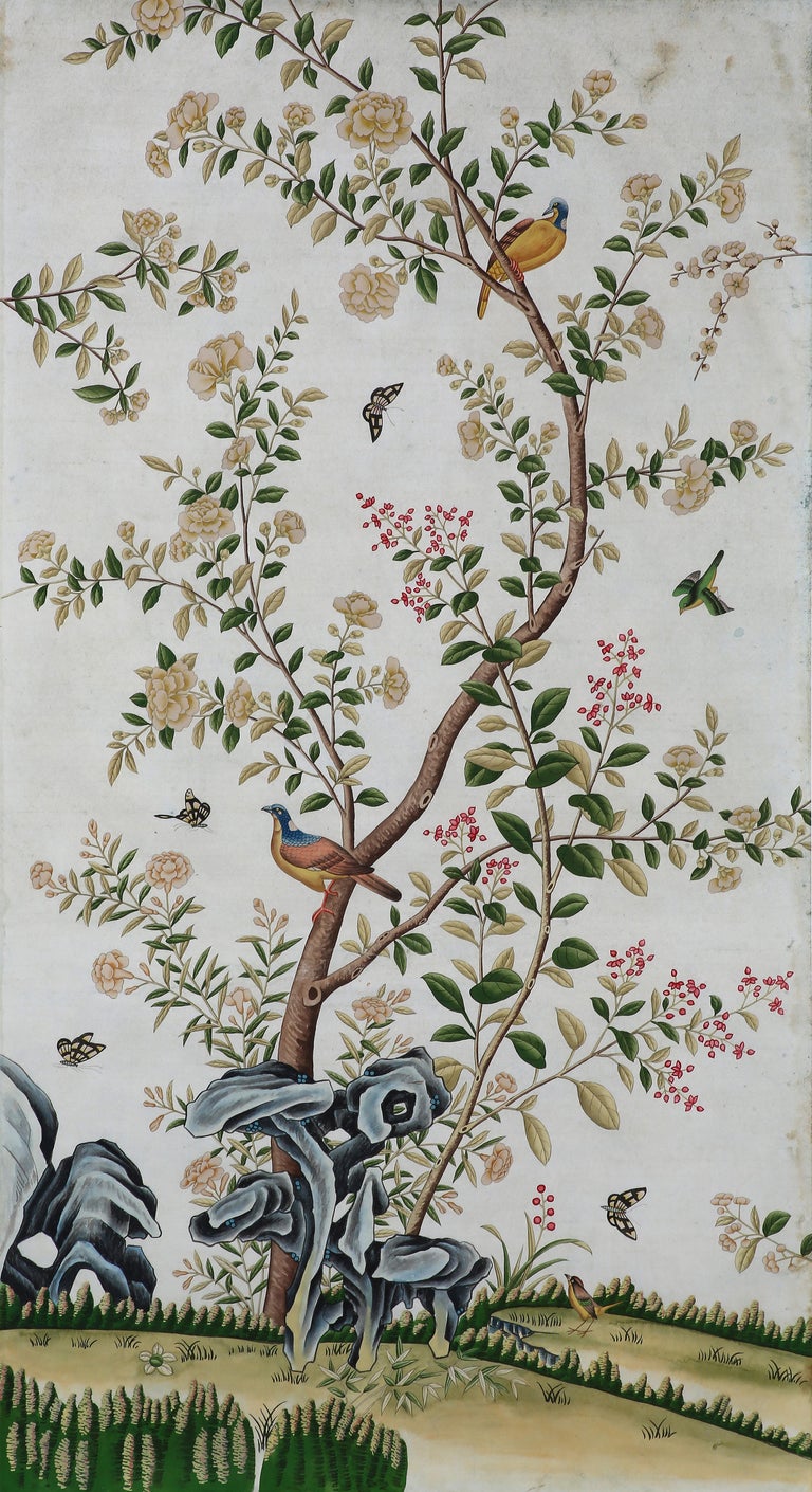 Chinoiserie Hand Painted Wallpaper Panels of Birds and Spring Blossom ...