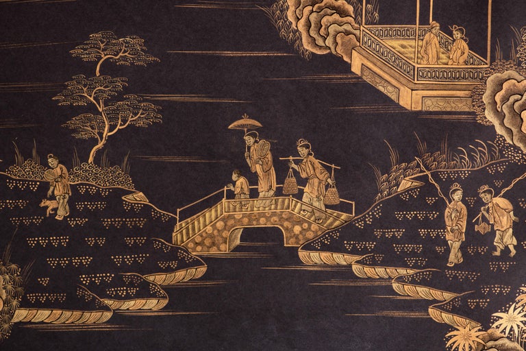 Chinoiserie Hand-Painted Wallpaper Panels of Golden Pavilions on Black ...