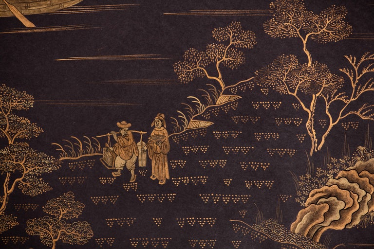 Chinoiserie Hand-Painted Wallpaper Panels of Golden Pavilions on Black ...