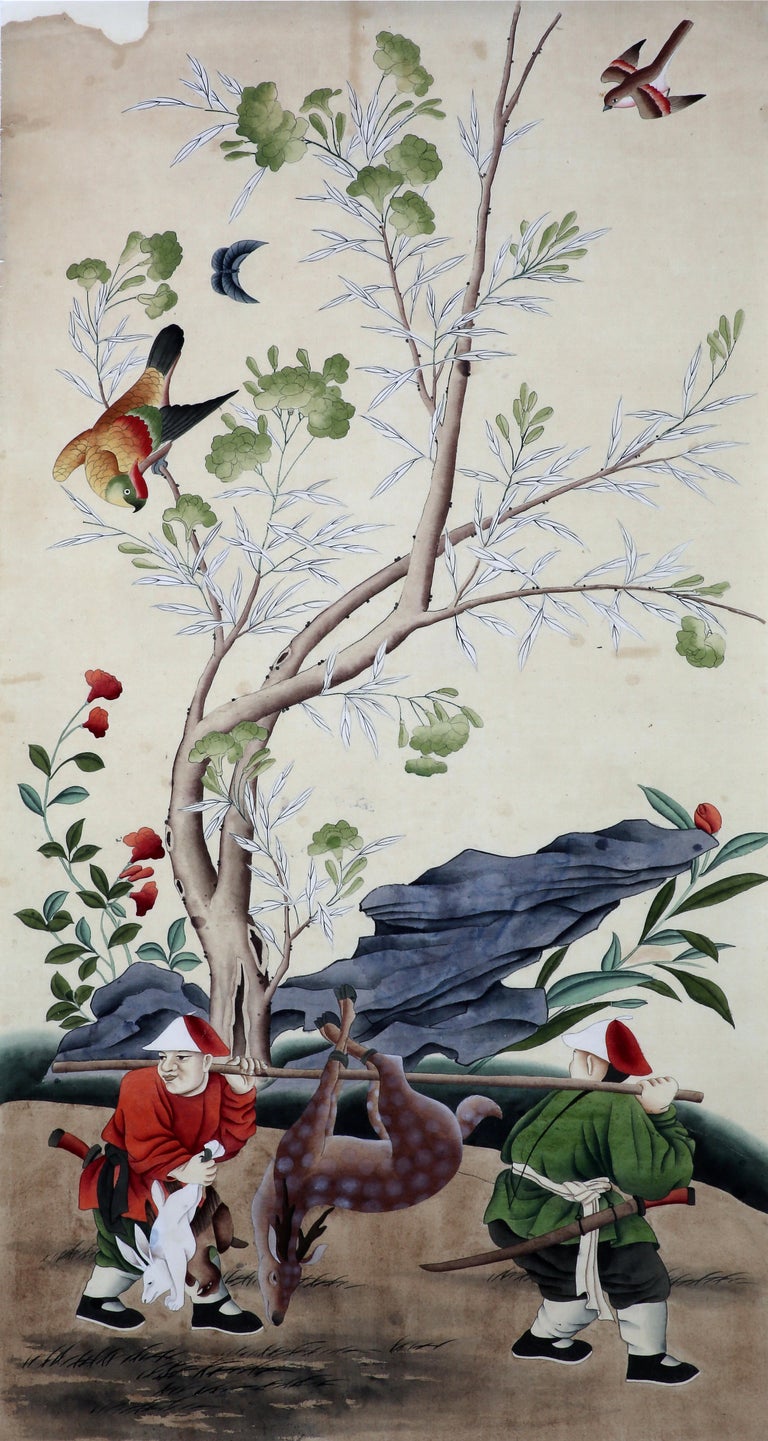 Chinoiserie Hand Painted Wallpaper Panels of Hunting Scenes For Sale at ...