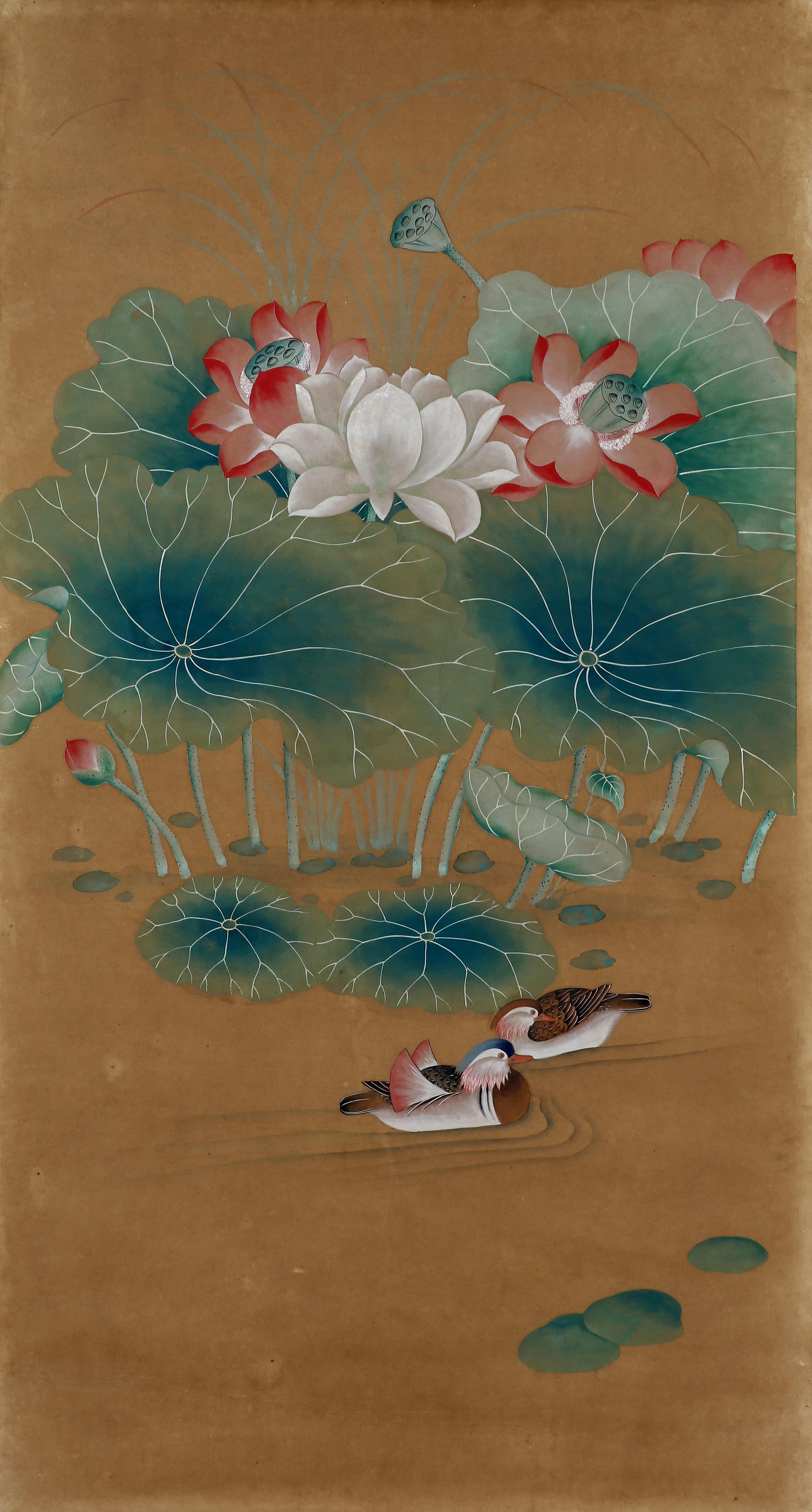 Chinoiserie Hand-Painted Wallpaper Panels of Lotus Pond and Mandarin ...