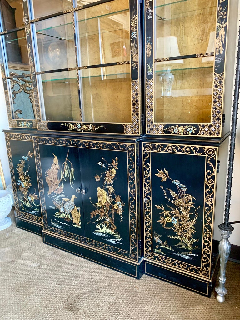 Chinoiserie Japanned Black Laquer Lighted China Cabinet Breakfront at ...