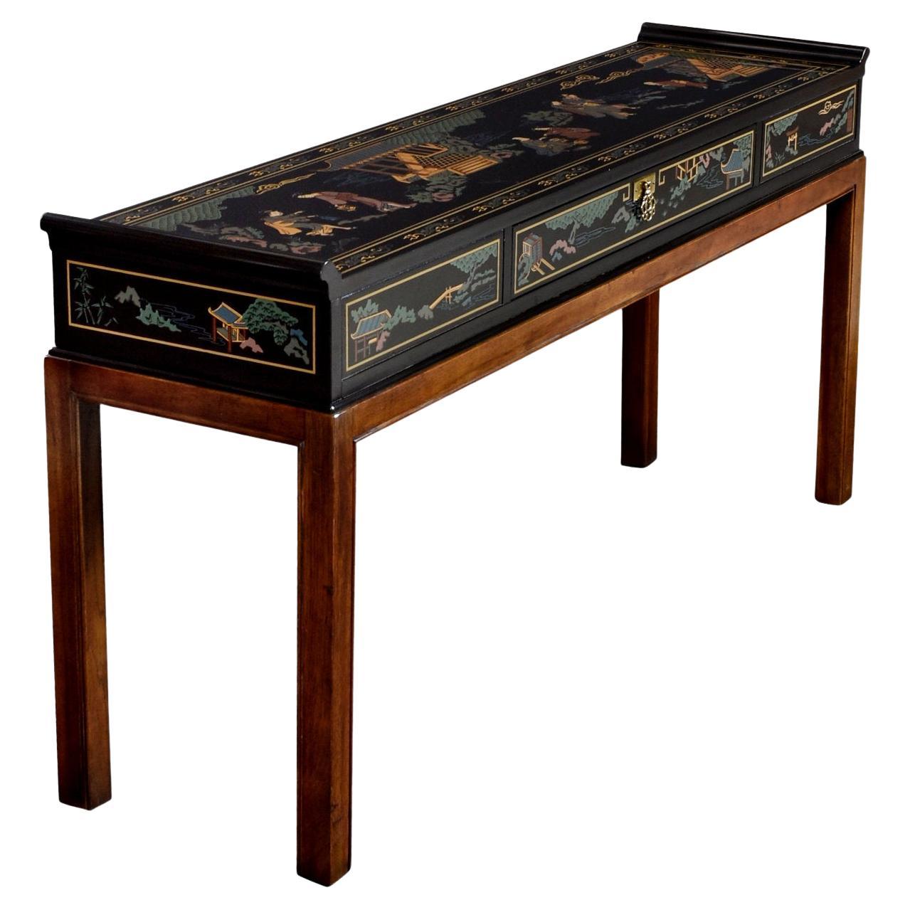Chinoiserie Motif Hand Painted Drexel Black Lacquer Console Table with Drawer For Sale at 1stDibs