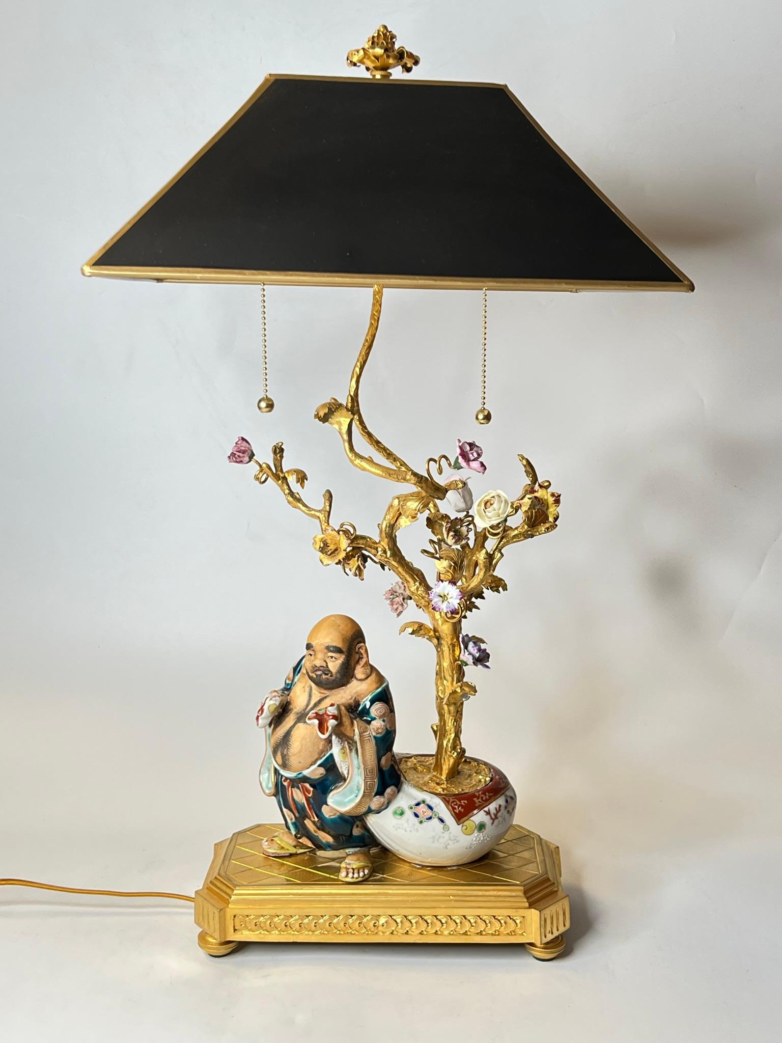 Chinoiserie Porcelain and Gilt Bronze Table Lamp Depicting Budai ...