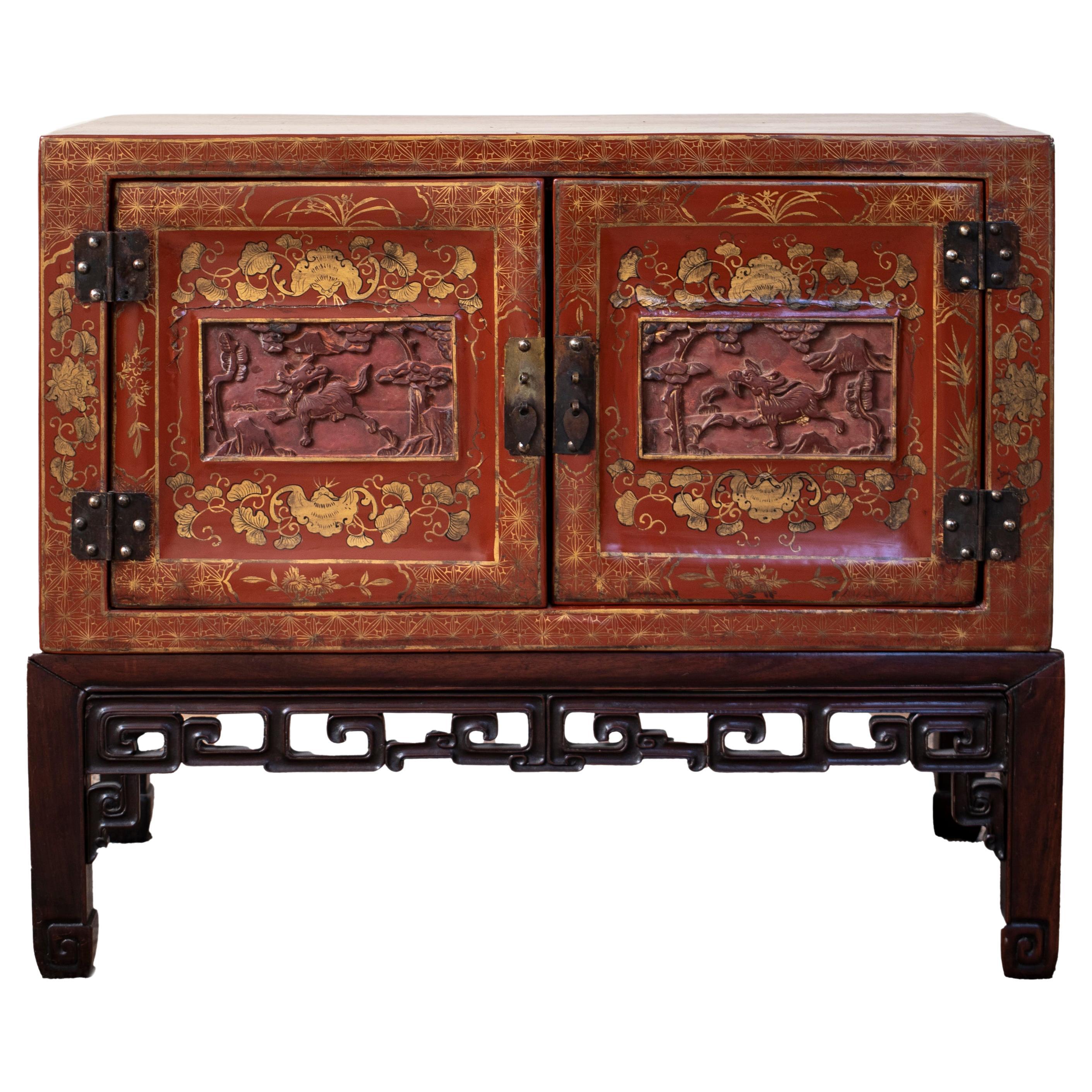 Chinoiserie Red Lacquer Cabinet on Stand at 1stDibs