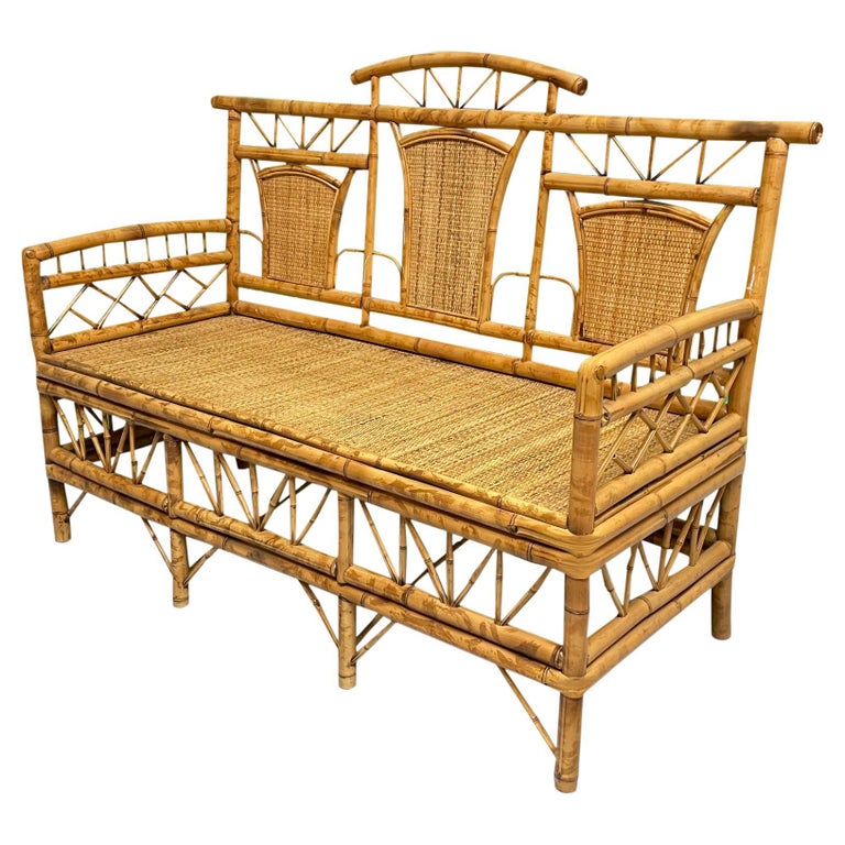 Chinoiserie Style Bamboo and Woven Wicker Loveseat Bench at 1stDibs