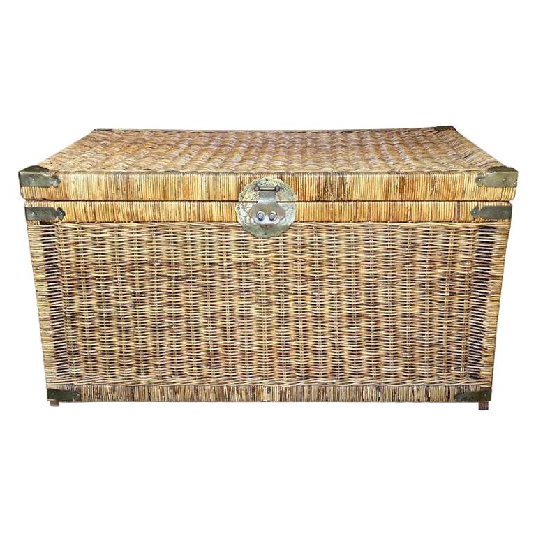 Chinoiserie Wicker Blanket Chest or Trunk with Brass Hardware For Sale ...