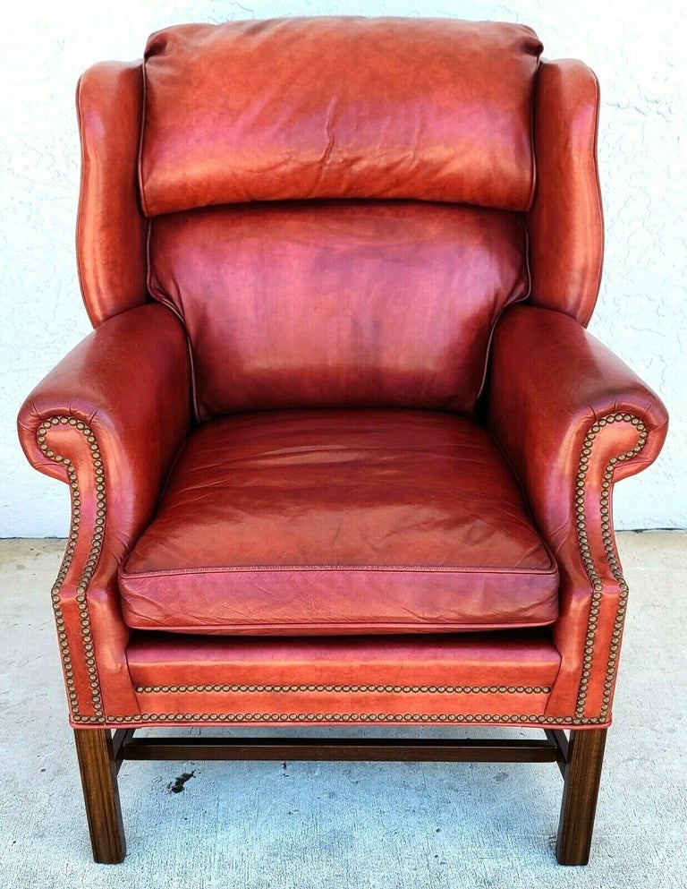 Chippendale Wingback Red Leather Library Reading Chair by Ethan Allen ...