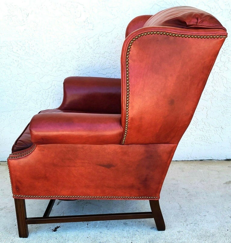 Chippendale Wingback Red Leather Library Reading Chair by Ethan Allen ...