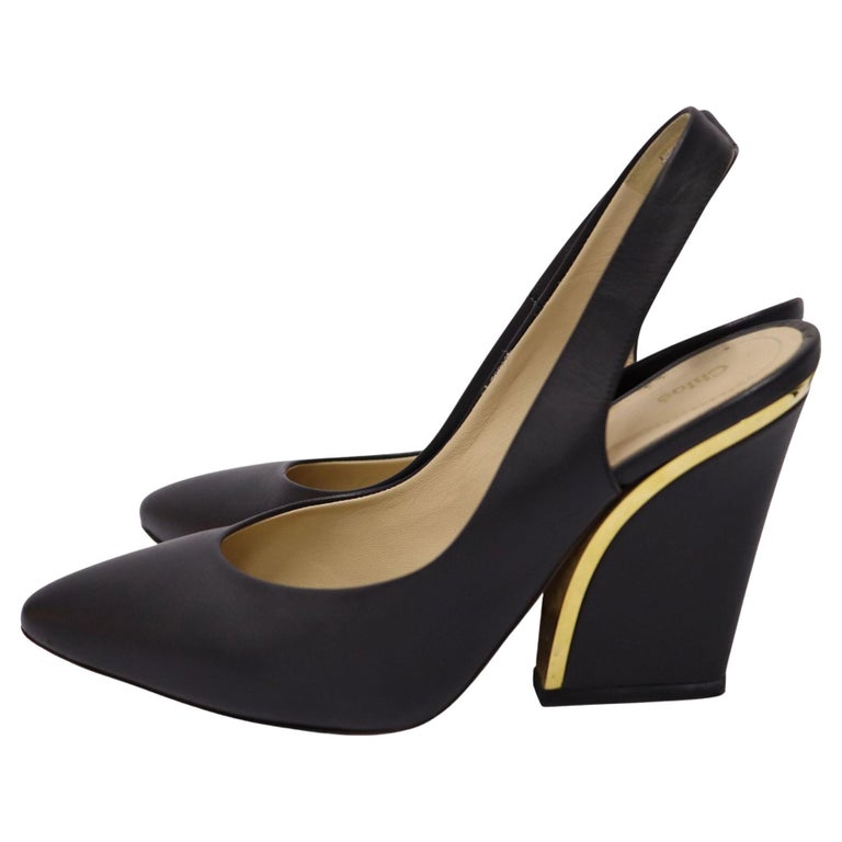 Chloé -37.5-Black Leather Block Sling Back Heel For Sale at 1stDibs