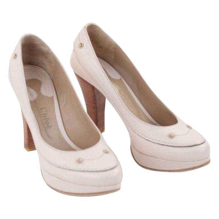 Chloe Beige Bone Leather Classic Pumps Heel Shoes Wood Heels 38.5 For ...