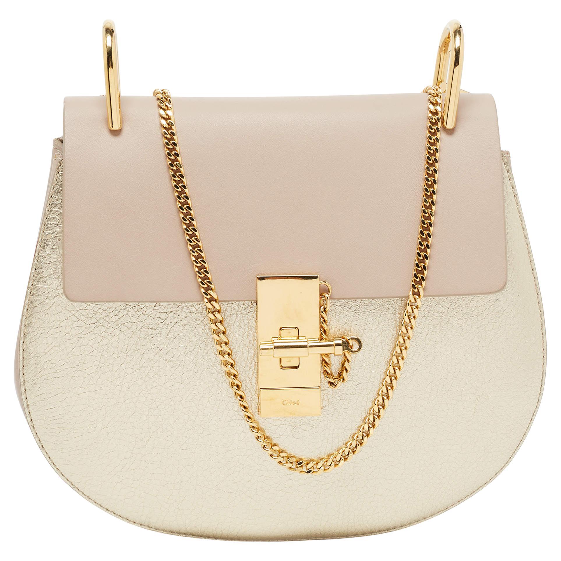 Chloe Beige/Gold Leather Medium Drew Shoulder Bag For Sale at 1stDibs
