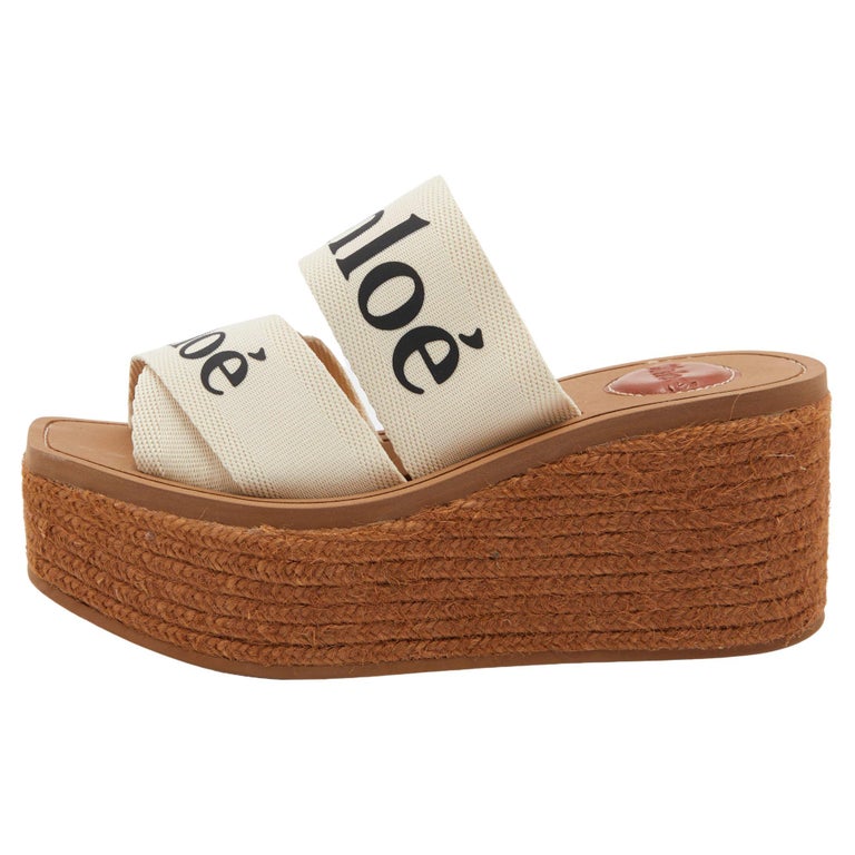 Chloe Beige Logo Print Canvas Woody Wedge Slide Sandals Size 35 For ...