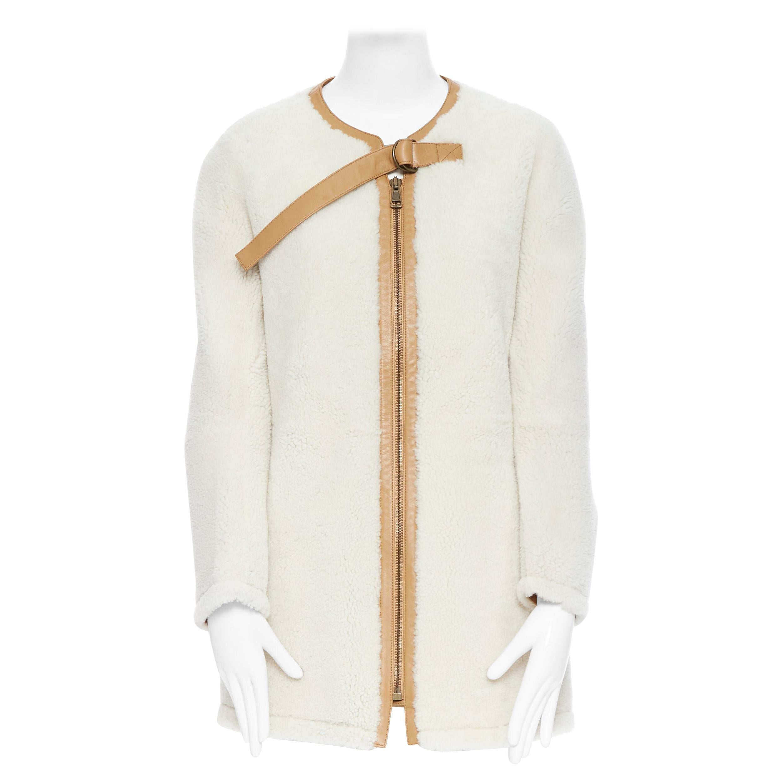 CHLOE beige shearling fur tan leather lined zip front long line winter ...