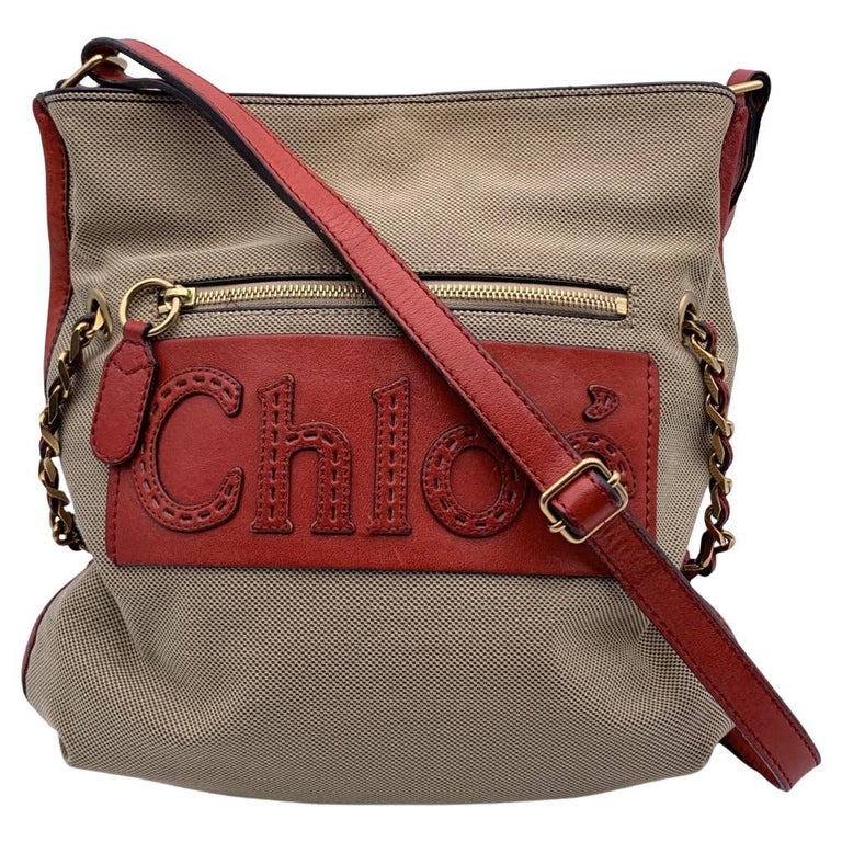 Chloe Bicolor Beige Canvas and Red Leather Handbag For Sale at 1stDibs