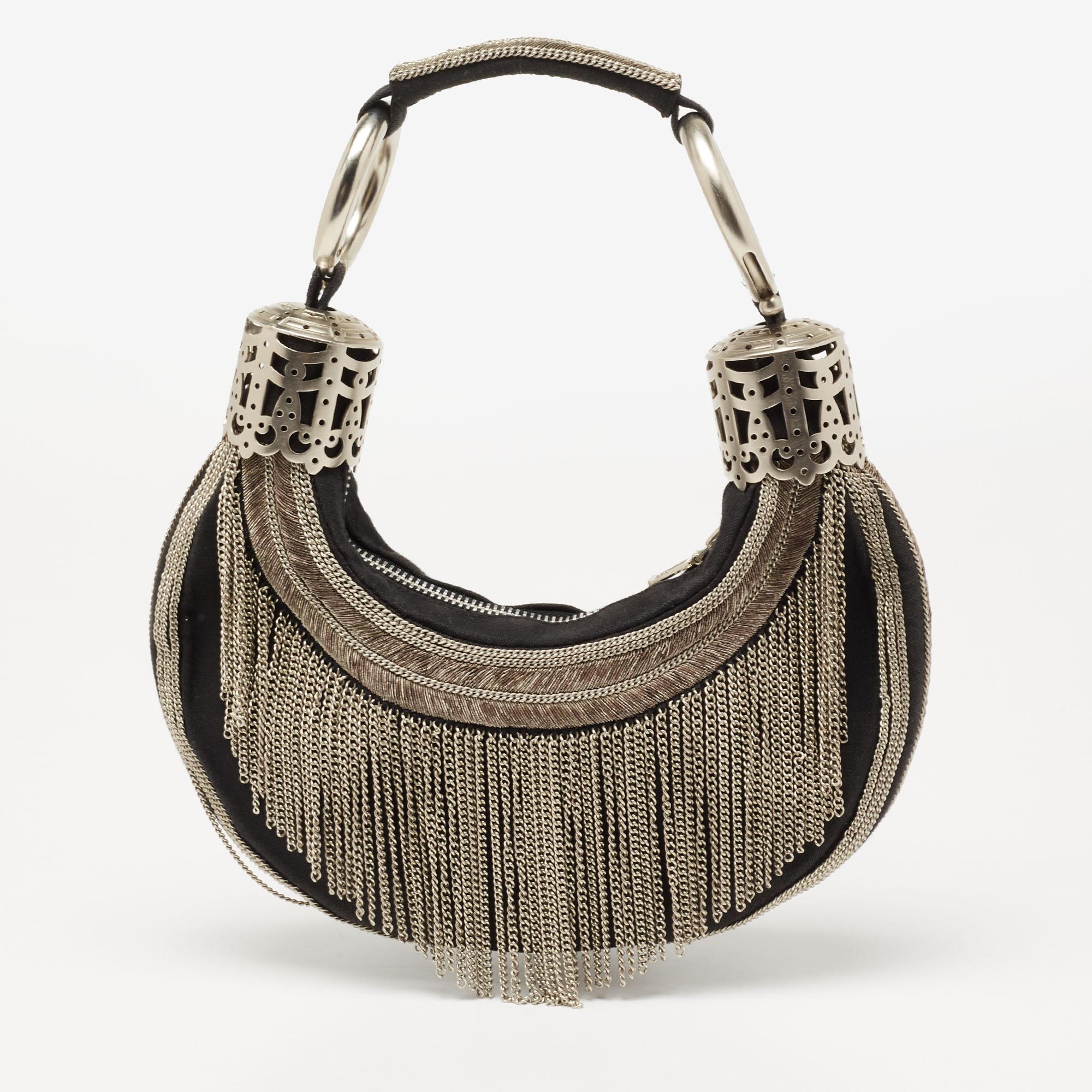 Chloe Black Canvas Chain Embellished Crescent Baguette For Sale at ...