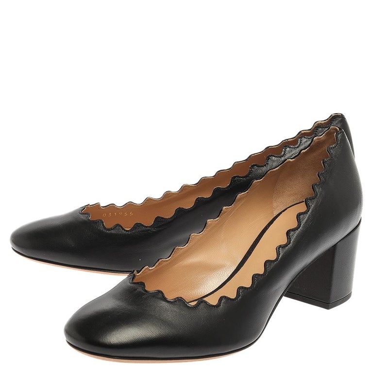 Chloe Black Leather Lauren Scallop Trim Block Heel Pumps Size 37 at 1stDibs