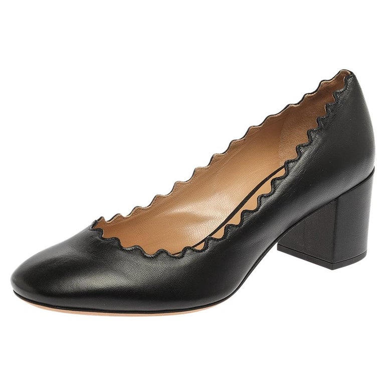 Chloe Black Leather Lauren Scallop Trim Block Heel Pumps Size 37 at 1stDibs